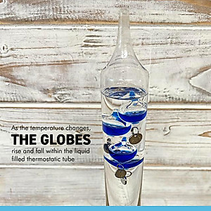 30cm Tall Free Standing Galileo Thermometer with Seven Blue Floating Globes | Measures temperatures from 16 Degrees Centigrade to 28 Degrees | Also in Fahrenheit | Weather Station | Water Thermometer