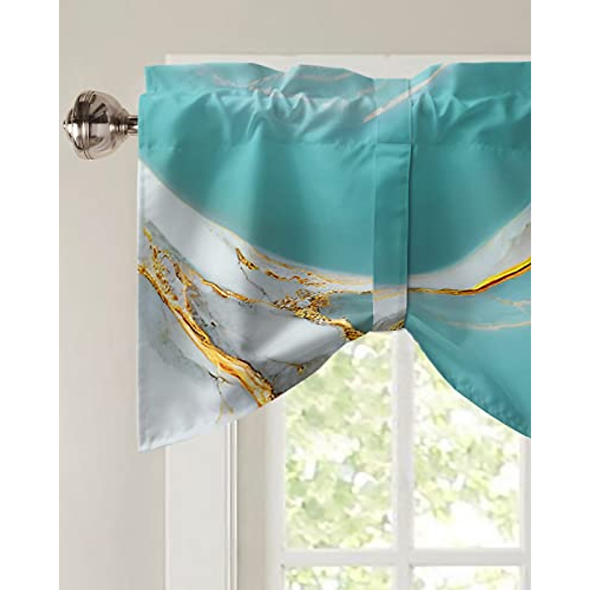 Tie Up Curtain Valance Window Topper 1 Panel 54x18in,Wild Agate Marble Stone Texture Adjustable Rod Pocket Short Window Shade Valances for Kitchen Bedroom Windows,Natural Abstract Aqua White Gold