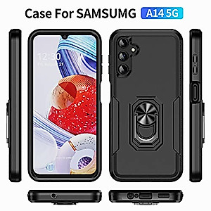 Samsung Galaxy A14 5G Case with Screen Protector, Military Grade Dual Layer Shockproof Heavy Duty Full Body Protective Phone Cover, Built in Rotatable Magnetic Ring Holder for (Black)