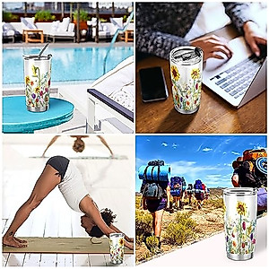 Jihqo Vivid Sunflowers Tumbler with Lid and Straw, Insulated Stainless Steel Tumbler Cup, Double Walled Travel Coffee Mug Thermal Vacuum Cups for Hot & Cold Drinks 12oz