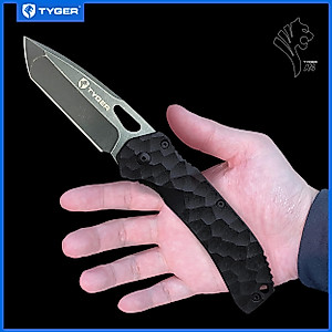 Tyger K4 EDC Folding Pocket Knife | Stone-washed AUS-8 Steel Blade with Black Titanium Ion Carbide Coating | Black G-10 Handle | TG-KF7A2858