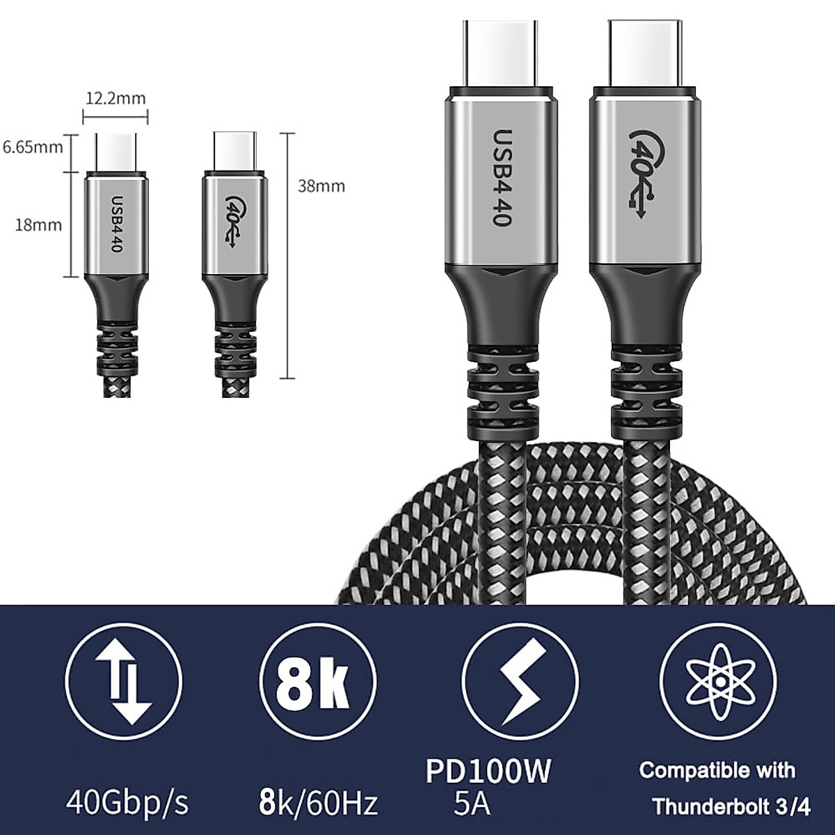 KUYIOHIFI USB 4 cable Compatible with Thunderbolt 3/4 Cable 100W 40Gpbs USB Fast PD Cable E-mark 40Gbps 8K@60Hz for Macbook Apple Studio Display and More (4 Feet)
