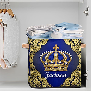 RIRIX Personalized Storage Bin, Custom Storage Baskets for Organizing with Handles, Foldable Storage Box for Closet Cloth Baskes Toy Blue Gold Prince Crown