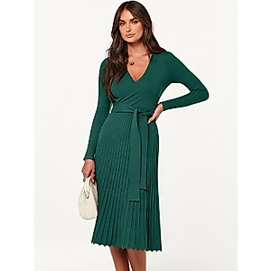ANRABESS Women Long Sleeve Sweater Dress Wrap V Neck Pleated Ribbed Knit A Line Belted Tie Waist Midi Dress Fall Outfits deep green Small