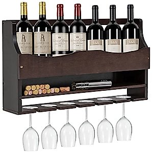 Wall Mounted Wine Rack Bamboo, DHMAKER Wine Bottles Holder with Hanging Stemware Glasses Set and Wine Cork Storage, Home Kitchen Decor, Espresso
