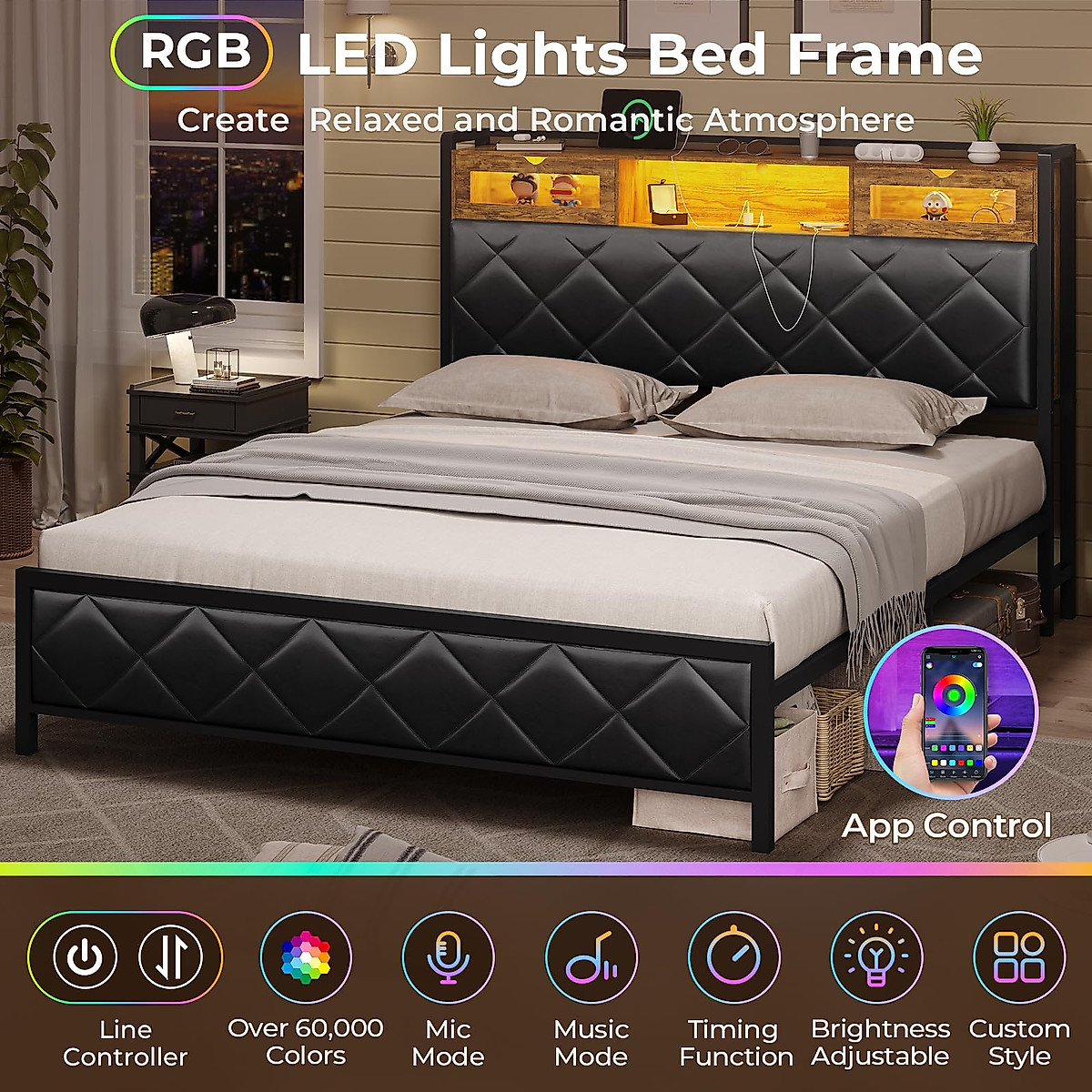 DICTAC Queen LED Bed Frame with Bookcase Storage Headboard, Charging Station,Hidden Storage Space Metal Platform Bed Frame with Storage Shelves & LED Lights,Faux Leather,Heavy Duty Metal Slats,Black