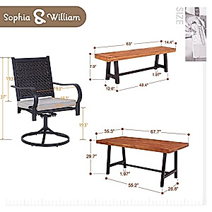 Sophia & William 6 Pieces Patio Dining Set for 6, 4 PE Rattan Swivel Chairs and 1 Rectangular Acacia Wood Table and 1 Bench, Outdoor Table and Chairs with Cushions, Outside Furniture for Yard Porch