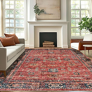 QQL Rug for Living Room, Machine Washable Area Rugs 9'x12' for Bedroom, Ultra-Soft Non-Shedding Faux Wool Vintage Design Boho Low Pile Mat Throw Carpet，Stain Resistant Rugs with Non-Slip Backing