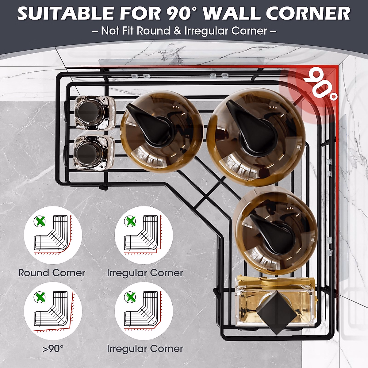 Corner Shower Caddy 7 Pack, Adhesive Stainless Steel Corner Shower Caddy, Shower Organizer Shower Rack with Holders & Shower Squeegee, Shower Shelves Storage Bathroom Organizers and Storage, Black