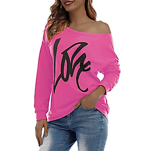 Century Star Women Long Sleeve Sweatshirts Off the Shoulder Sweatshirt Oversized letter Print Sweaters Pullover Casual Shirt Tops Rose Red Large (Lable Size Medium)