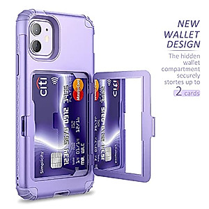 WeLoveCase iPhone 11 Wallet Case for Women Defender Credit Card Holder Cover with Hidden Mirror Three Layer Shockproof Heavy Duty Protection All-Round Protective Case for iPhone 11 Light Purple