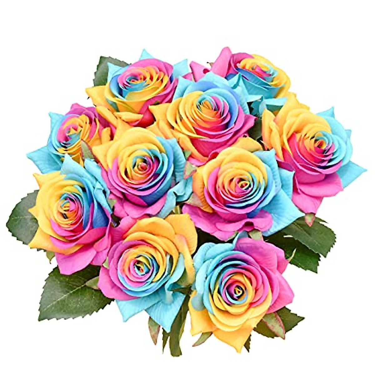 Mandy's 10pcs Rainbow Flowers Artificial Silk Rose Flowers for Mother's Day Home Decoration Bridal Wedding Bouquet and Parties