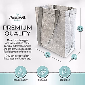 Silver Gift Bags - 12 Pack Medium Silver Reusable Gift Bag Tote with Handles, Glitter Metallic Bling Shimmer, Eco Friendly for Kids Birthdays, Bridesmaids, Party Favors, Grocery Shopping - 8x4x10