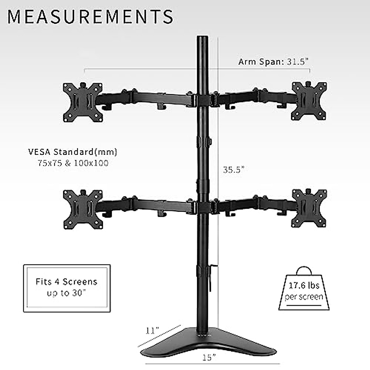 VIVO Quad 13 to 30 inch Monitor Free-Standing Mount, Fully Adjustable Desk Stand, Holds 4 Flat or Curved Display Screens, STAND-V004F