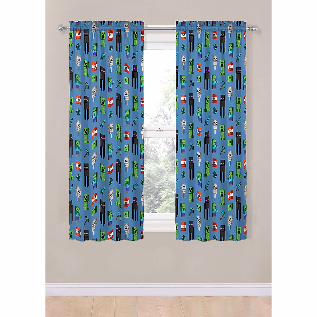 Jay Franco Kids Window Drapes - 4 Piece Curtain Set Includes 2 Tiebacks, Beautiful Bedding Room Décor and Easy Set Up, Blue - Minecraft, 63 Inch