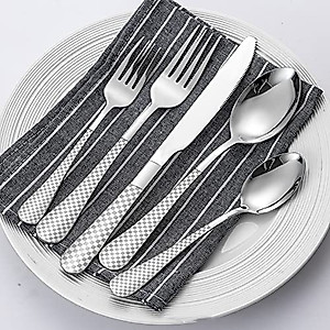 CREATIVE HOBBIES 20-Piece Silverware Set For 5,Checkered Pattern Mirror Finish Smooth Stainless Steel Fork Spoon Set Silverware Flatware Cutlery Set Include Knife/Fork/Spoon,D