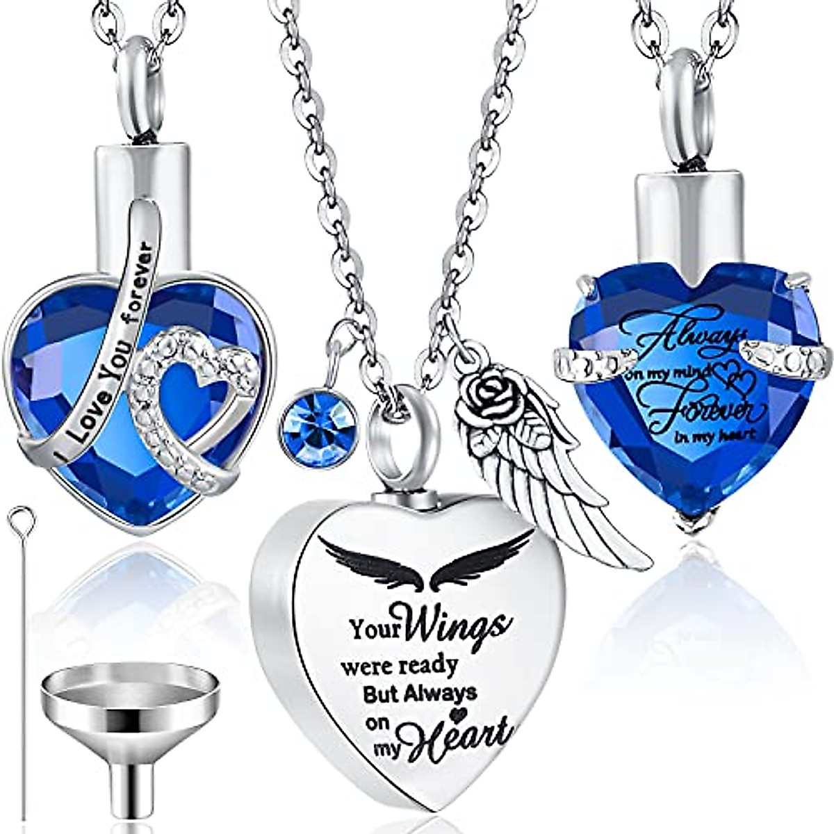 Jadive 3 Pcs Summer Cremation Heart Urn Necklace Ashes Jewelry for Women Ocean Crystal Necklace Waterproof Memorial Pendant Stainless Steel Keepsake with Angel Wing 12 Birthstones Filling Kit
