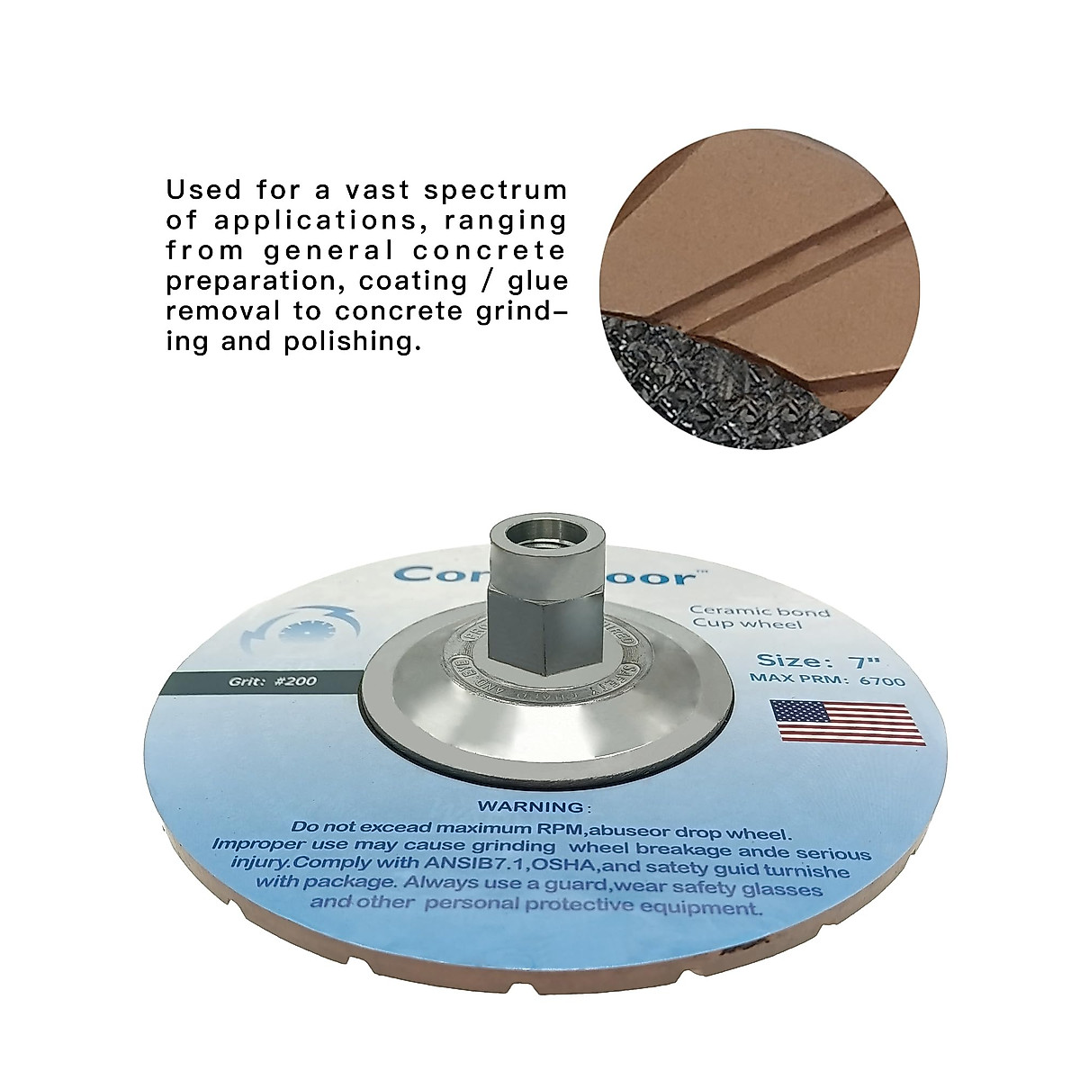 Concrete Grinding Cup Wheel 7" Ceramic Diamond Cup Wheel for Floor Grinding, Fits 5/8"-11 Arbor Angle Grinder, 200# Medium