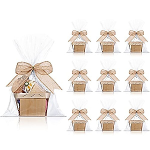 Yerliker 10 Set Wooden Gift Baskets Imitation Jute Bows Clear Treat Bags Set for Christmas Picking Fruit Birthday Decorations Wedding Gift Packages()