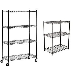 Amazon Basics 4-Shelf Shelving Storage Unit on 3'' Wheel Casters, Black (36L x 14W x 57.75H) & 3-Shelf Adjustable, Heavy Duty Storage Shelving Unit (250 lbs), Black (23.3L x 13.4W x 30H)