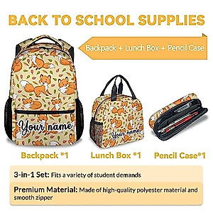 CUSPCOD Personalized Fox Backpack with Lunch Box and Pencil Case for Girls Boys, 16 Inch School Bookbag with Adjustable Straps, Travel Bag Durable, Lightweight, Large Capacity