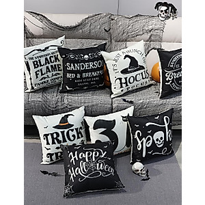 Halloween Decorations Pillow Covers Double-Side Printing 18x18 Set of 4 Halloween Decor Indoor Outdoor Hocus Pocus Farmhouse Saying Halloween Decorative Cushion Cases Spider Web Cat Skull Home Decor