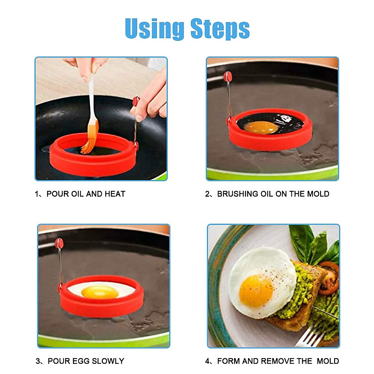 Emoly Silicone Egg Ring, Egg Rings Non Stick, Egg Cooking Rings, Perfect Fried Egg Mold or Pancake Rings (New,4pcs), Multicolor