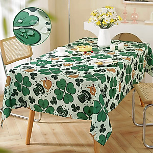 SASTYBALE St. Patrick’s Day Tablecloth Rectangle 52 x 70 Inch, Green Clover Shamrock Hat Polyester Table Cloth, Spill Proof Wrinkle Free Table Cover for Spring, Dining, Party, Holiday