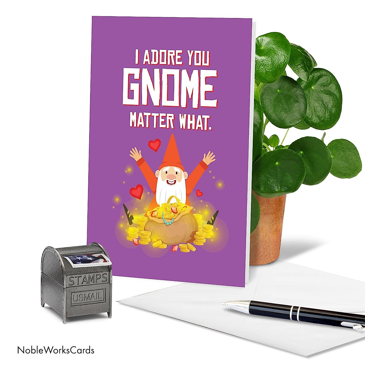 NobleWorks - 1 Hilarious All Occasions Blank Humor Greeting Card with 5 x 7 Inch Envelope - Cute, Adorable Word Play for Men and Women (1 Card) - Friendly Garden Gnomes C6441AOCB