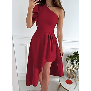 Dokotoo One Shoulder Dresses for Women Elegant Ruffle Empire Waist Asymmetrical Hi-Lo Hem Solid Zipper Up Bodycon Party Wedding Guest Midi Semi Formal Dresses Red X-Large