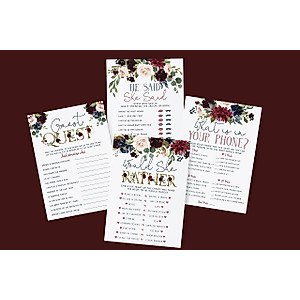 Your Main Event Prints Navy Burgundy Bridal Shower Bachelorette Games - Floral, He Said She Said, Find The Guest, Would She Rather, What's In Your Phone - 25 Games Each, Printed Front and Back, One Game Per Side