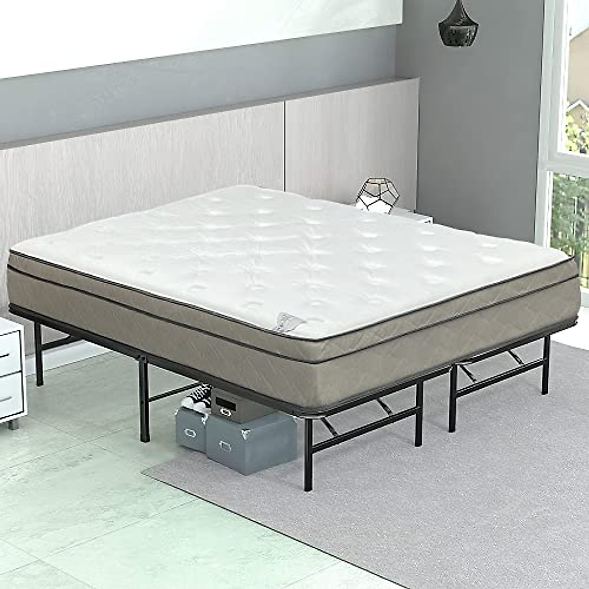 Mayton King 12 Inch Breathable Ultra Plush Hybrid Mattress Pain and Pressure Relieving Extra Soft EuroTop & Black 14" Metal Platform Bed Frame, Mink