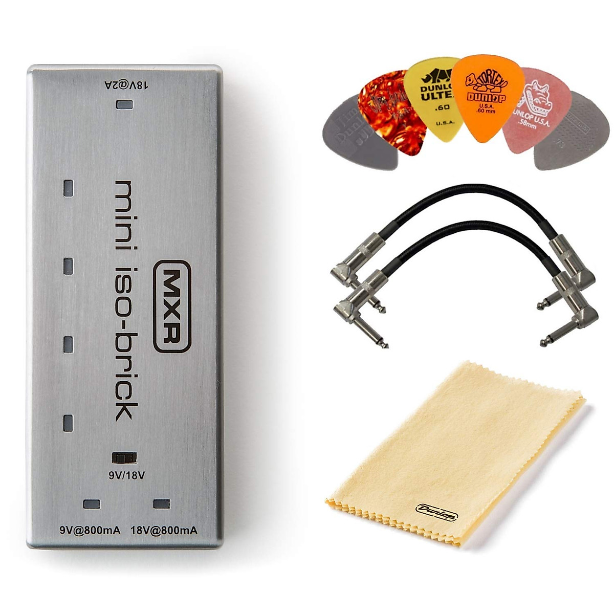 MXR M239 Mini Iso-Brick Power Supply Bundle with 2 Patch Cables, 6 Guitar Picks, and Polishing Cloth