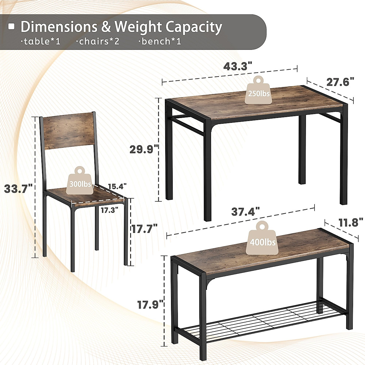 JUMMICO 43.3" Dining Table Set for 4, Kitchen Table with Bench & 2 Chairs Modern Rectangular Metal Frame Dining Furniture Set for Small Space (Rustic Brown)
