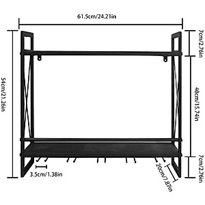 Industrial 2-Tier Wall-Mounted Wine Rack, Wood Shelf, 5 Stem Glass Holders for Wine Glasses, Wall Mount Bottle Holder Glass Rack, Wood Shelves, Metal Frame