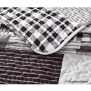 All American Collection Black and Grey Modern Plaid Bedspread and Pillow Sham Set | Matching Curtains Available! (Twin Size)