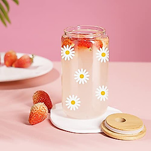 GSPY Daisy Aesthetic Cups, Iced Coffee Cup, Cute Glass Cup with Lid & Straw - Iced Coffee Glass, Flower Mug, Floral Glass Cup, Glass Coffee Tumbler - Birthday, Daisy Gifts for Women, Coffee Lover