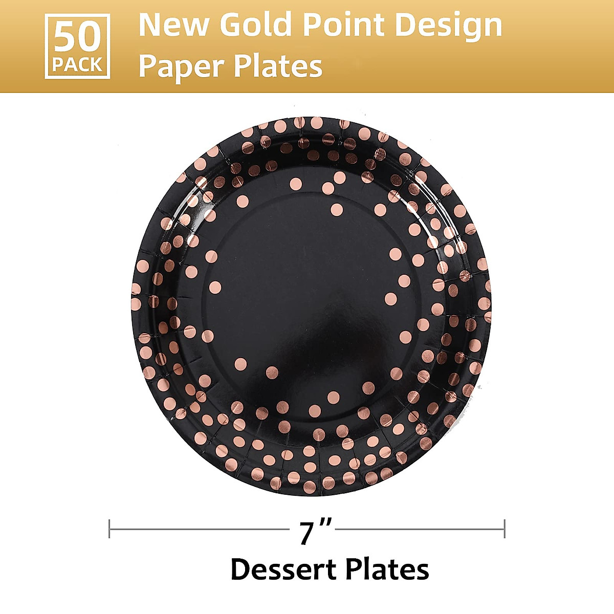 CENLBJ Black & Rose Gold Dots Party Paper Plates, 50 PCS Disposable Party Supplies Dessert Paper Plates for Birthday Party Wedding Graduation Party Supplies (7 inches)