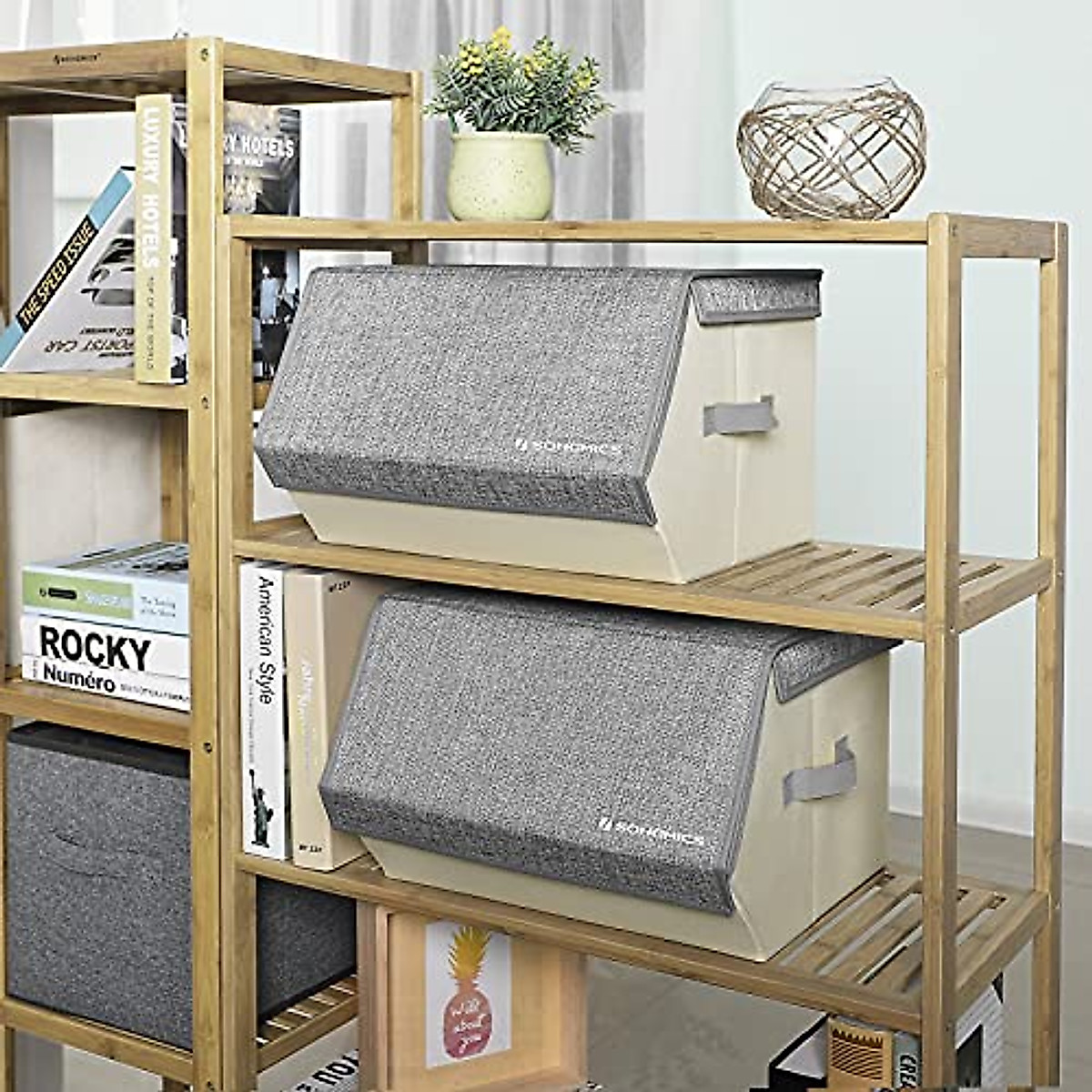 SONGMICS Stackable Storage Bins, Fabric Storage Boxes with Lids, Stackable Storage Cubes with Magnetic Closures, a Semi-Open Front, Lid Can Stay Open after Stacked up, Set of 2, Gray URLB02GE