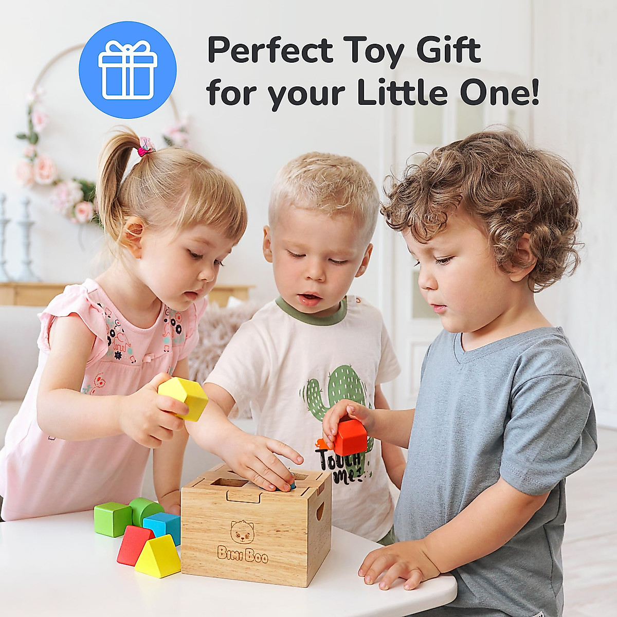 Bimi Boo Wooden Shape Sorter Toy for Babies - Classic Montessori Shape Sorter with Noise-Reducing Silicone Pad - Perfect Sorting Toy for Toddlers (8 Various Blocks, 1 Box, 1 Silicone Pad)