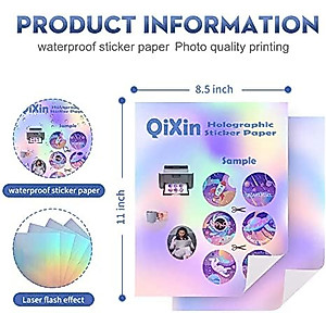 QiXin 24 Sheets Holographic Sticker Paper 8.5 x11 inch for Inkjet Printer & Laser Printer US letter size Holographic Printable Vinyl Rainbow Sticker Printer Paper Adhesive Waterproof Vinyl