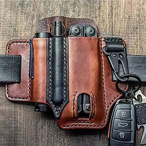 Leather Multitool Sheath, EDC Belt Pocket Organizer, Flashlight Holster, Storage Belt Waist Bag for Camping, Leatherman Sheath with Pen Holder, Key Fob (Black)