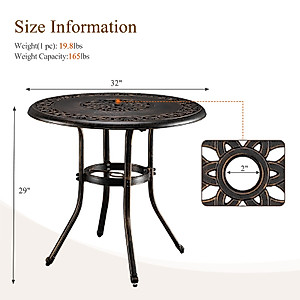 VINGLI 32" Outdoor Dining Table, Round Patio DiningTable with Umbrella Hole, Cast Aluminum Outdoor Bistro Table Outdoor Furniture Garden Table (Bronze, 32" Dia x 29 H) (Bronze)