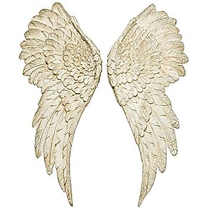 WHW Whole House Worlds Grand Tour Angel Wings, Vintage Style, Set of 2, Antique White, Artisinal Design, Hand Crafted, Bas Relief Sculptures, 21.75 Inches Tall