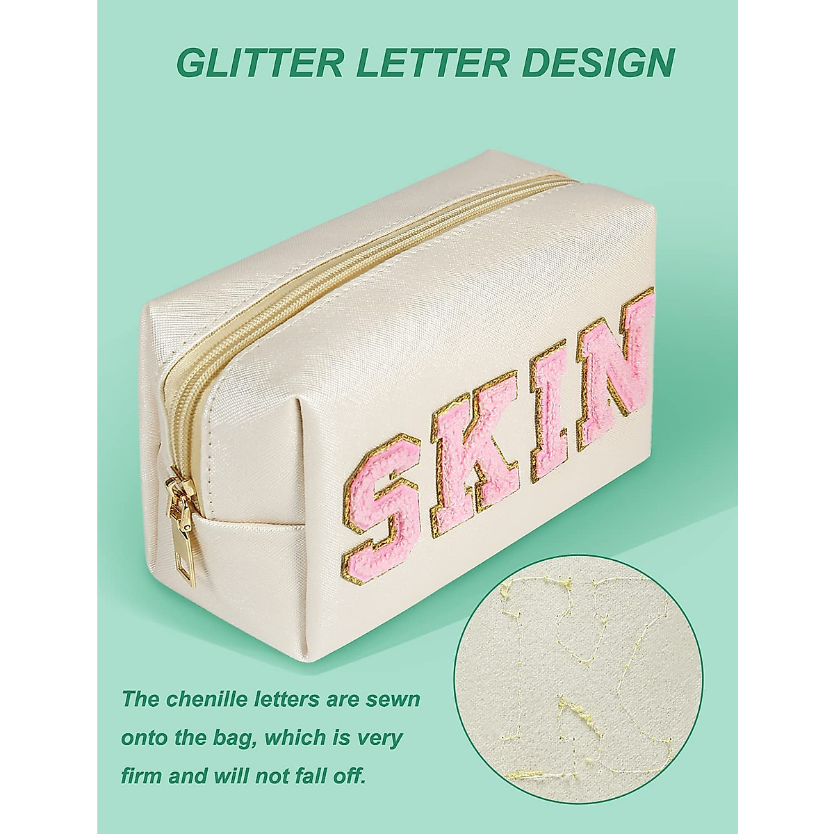besharppin Preppy Makeup Bag, Synthetic Leather Patch Cosmetic Bag with SKIN Chenille Letter for Travel, Gift for Girlfriend or Wife, Present for Girls, Daughter, Sister and Mother