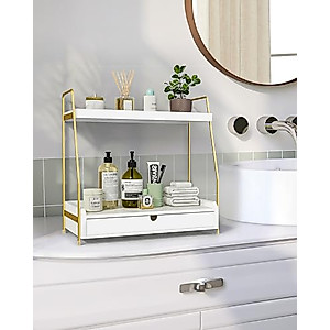 MONVANE 2-Tier Bathroom Organizer Countertop - Solid Wood Bathroom Counter Organizer with Drawer, Simple Standing Vanity Tray for Bathroom Organization and Bathroom Storage (White and Gold)