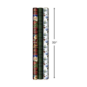 Hallmark Reversible Christmas Wrapping Paper (3 Rolls: 120 sq. ft. ttl) Vintage Santa, Snowmen, Traditional Green, Red and White Plaids