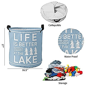 Laundry Basket Summer LIFE IS BETTER AT THE LAKE Blue Background Hampers for Laundry Room/Dorm/Nursery Collapsible Clothes Hamper with Handle Waterproof Storage Baskets for Bedroom/Bathroom 16.5x17in