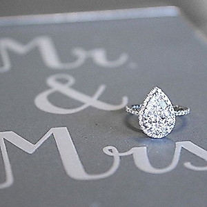 espere Sterling Silver Engagement Ring - [Cubic Zirconia] .925 Platinum Plated - Teardrop/Waterdrop/Pear Shaped Solitaire CZ [Size 7]