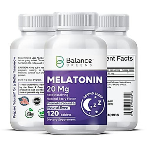Melatonin 20mg Fast-Dissolve 120 Tablets - Natural Berry Flavor, Non-Habit Forming - Fall Asleep Faster, Stay Asleep Longer, Natural Sleep Aid - Non-GMO, Gluten-Free, Vegan Tablets by Balance Breens